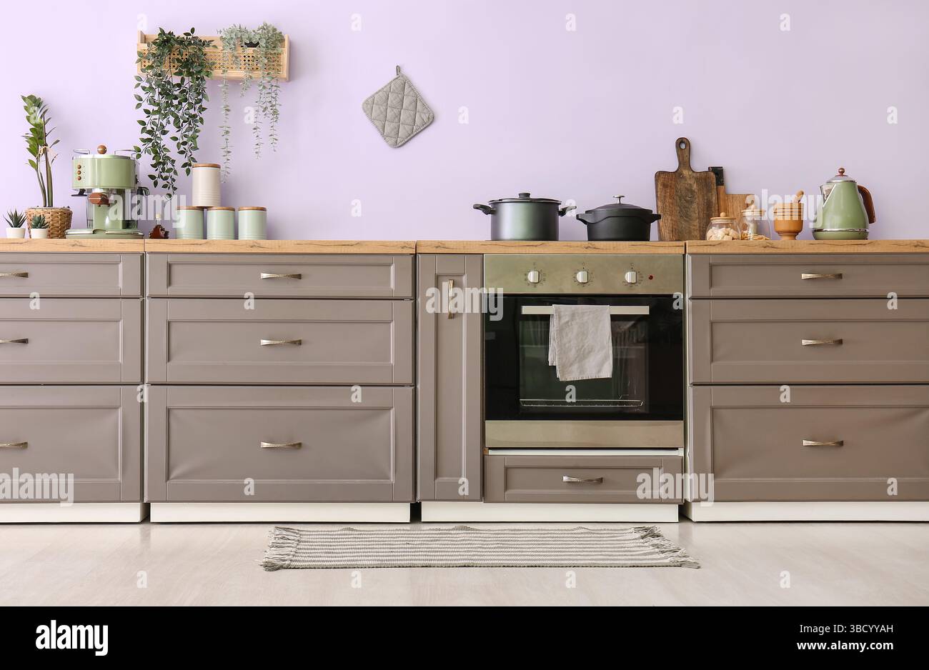 Interior of modern kitchen with grey counters, utensils and plants ...