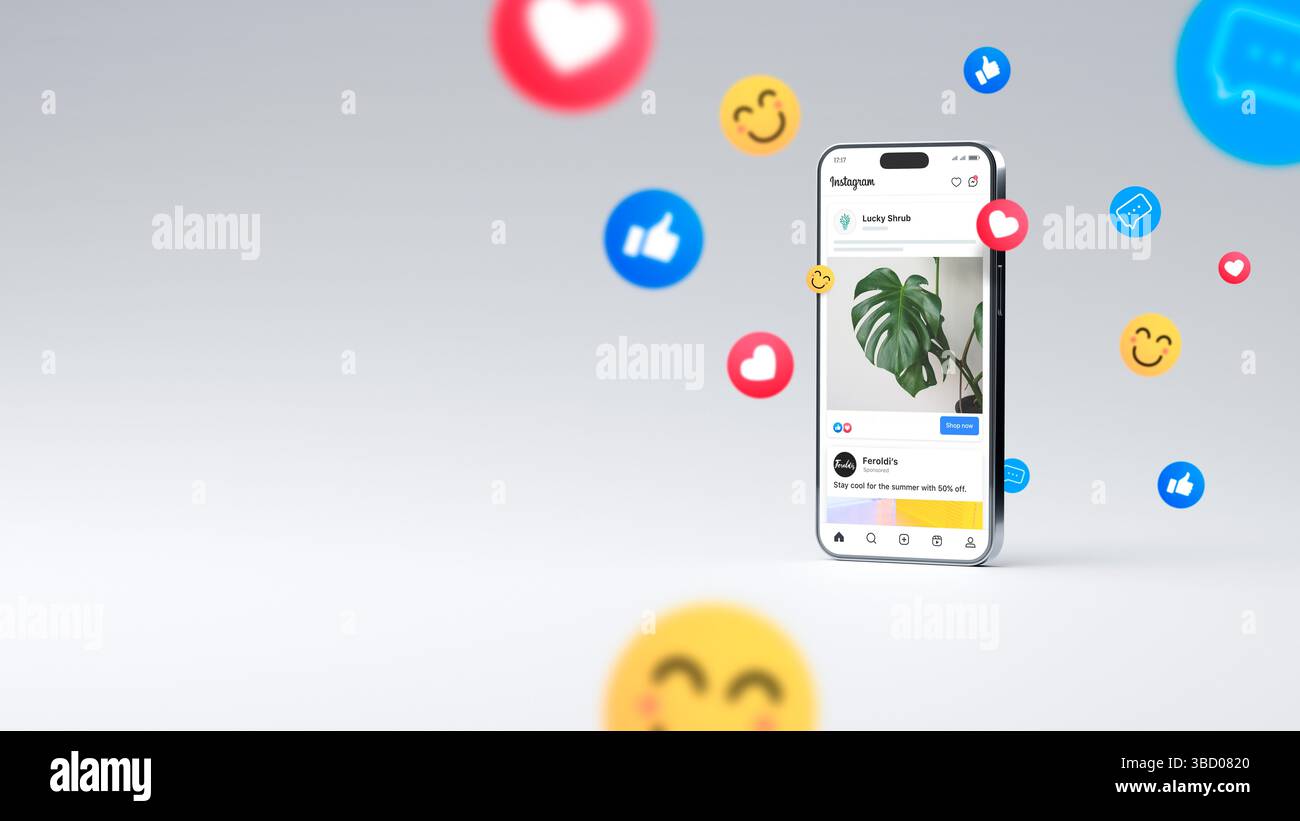 Meta ads on mobile phone screen.iPhone 15 pro max with emojis around it ...