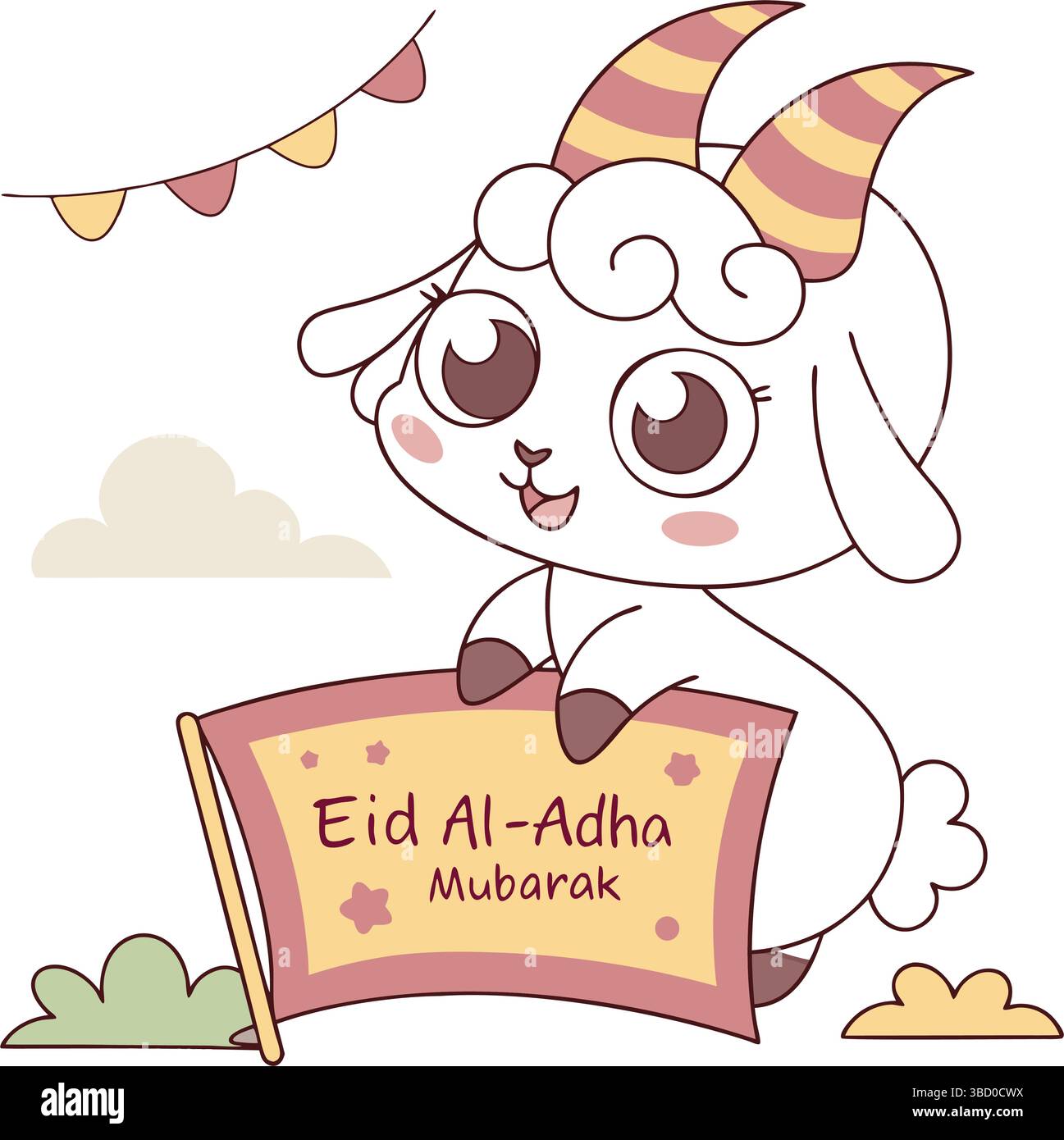 Cute cartoon goat Eid ul Adha greeting card with playful design and ...