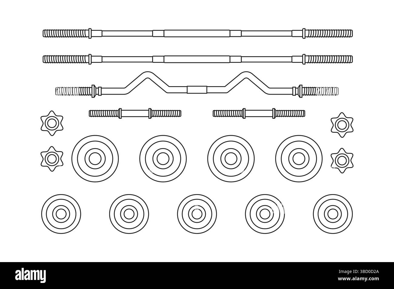Minimalist line drawing showcases a fitness weight set, offering a ...