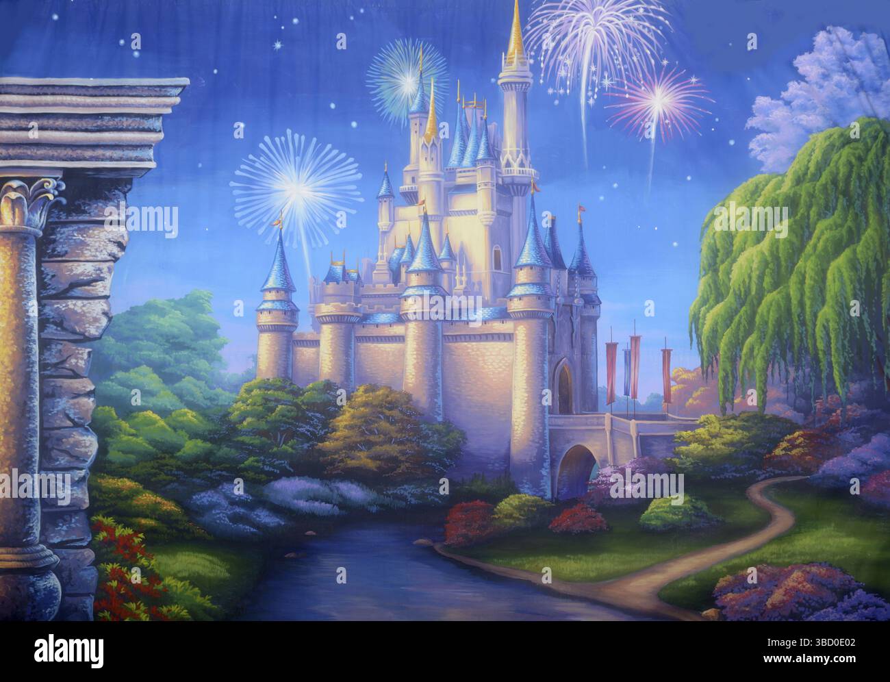 Theatre backdrop featuring a scene with fireworks exploding over a ...