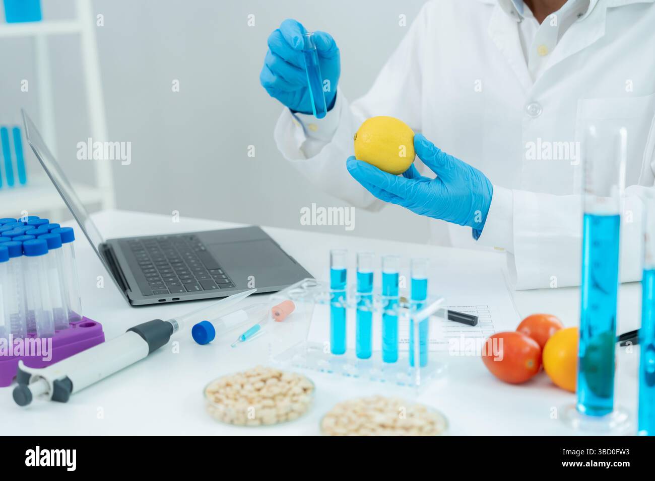 Scientist check chemical food residues in laboratory. Control experts ...