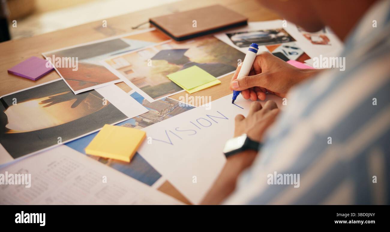 Hands, person and creation of vision board in home with writing goals ...