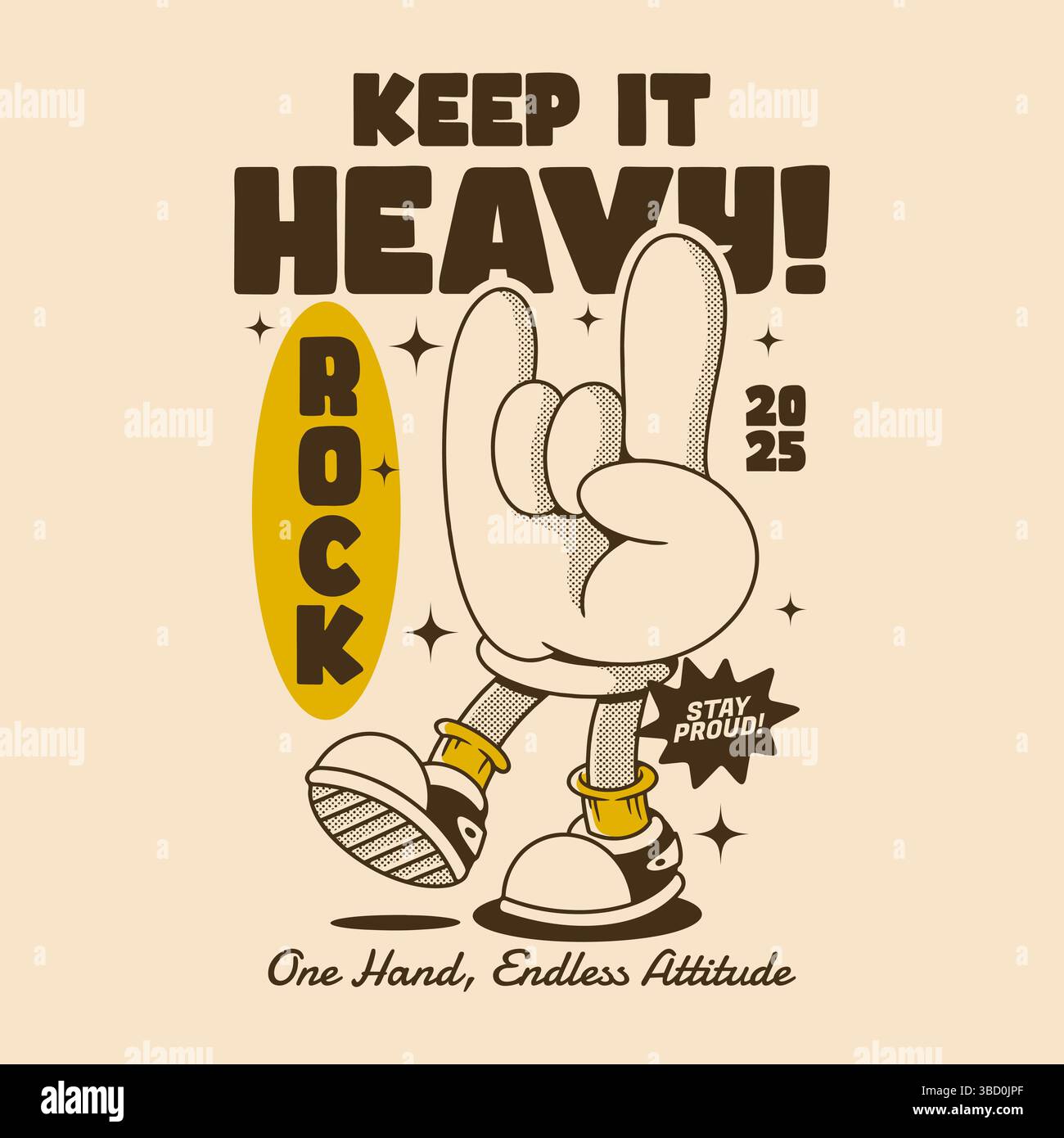 Bold design with walking hand character and retro rock energy Stock ...