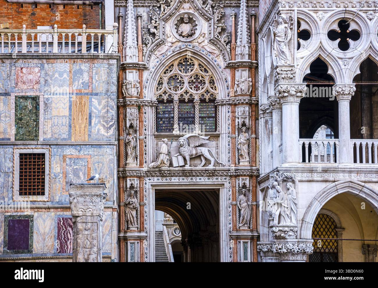 Close view of Porta della Carta or ceremonial entrance of Doge's palace ...