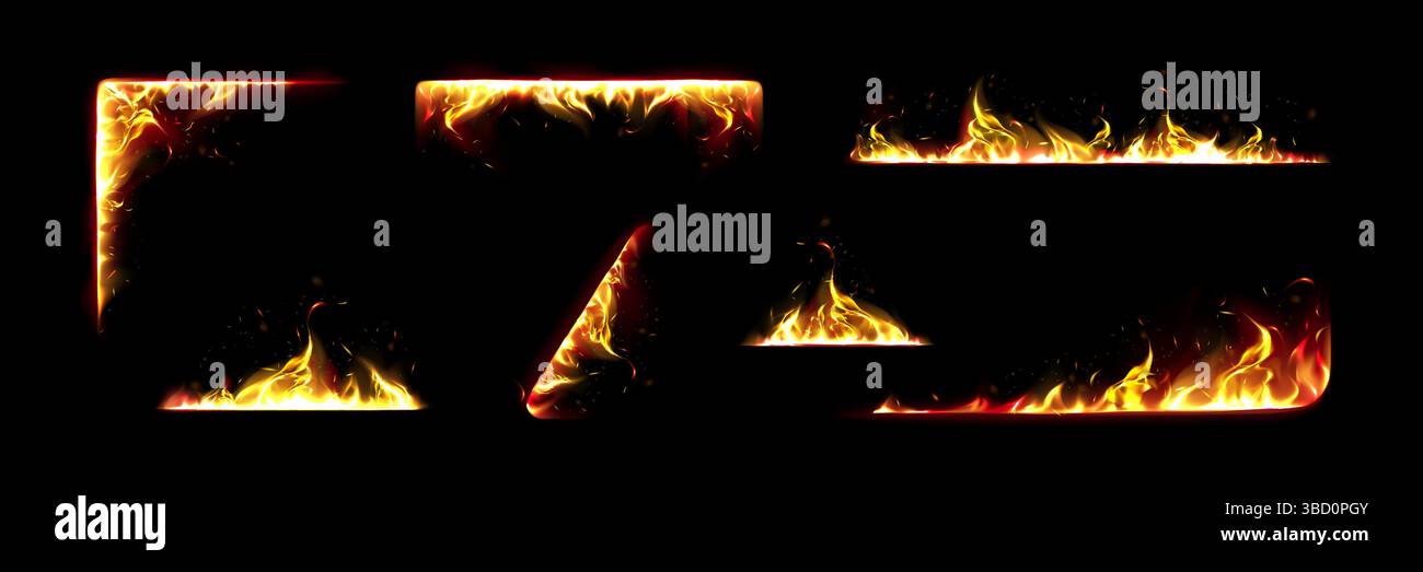 Fiery frames set - corner and line borders made of realistic flames ...