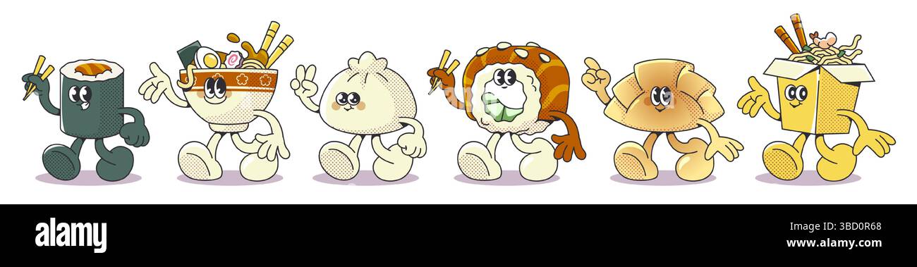 Retro cute sushi character set - cartoon mascots with funny faces ...