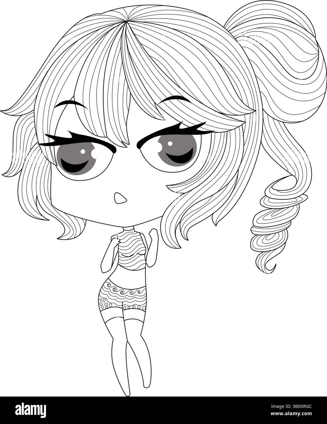 Detailed line art illustration of a cute chibi girl character with a ...