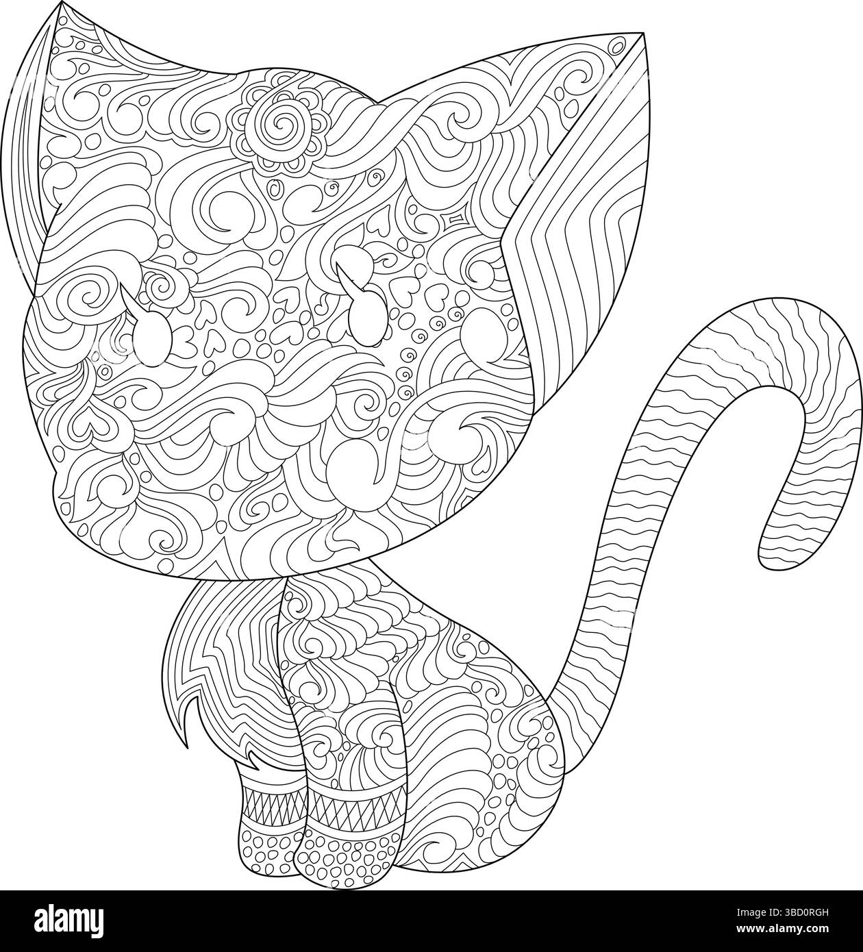 Black and white line art illustration of an adorable chibi cat filled ...