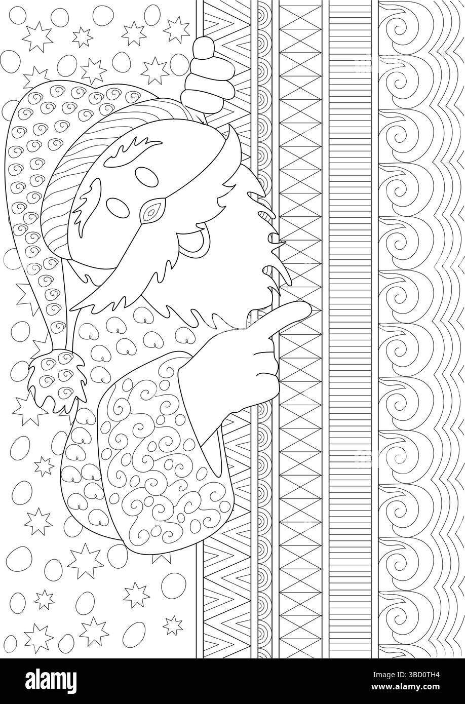 Black and white outline illustration featuring Santa Claus peeking from ...