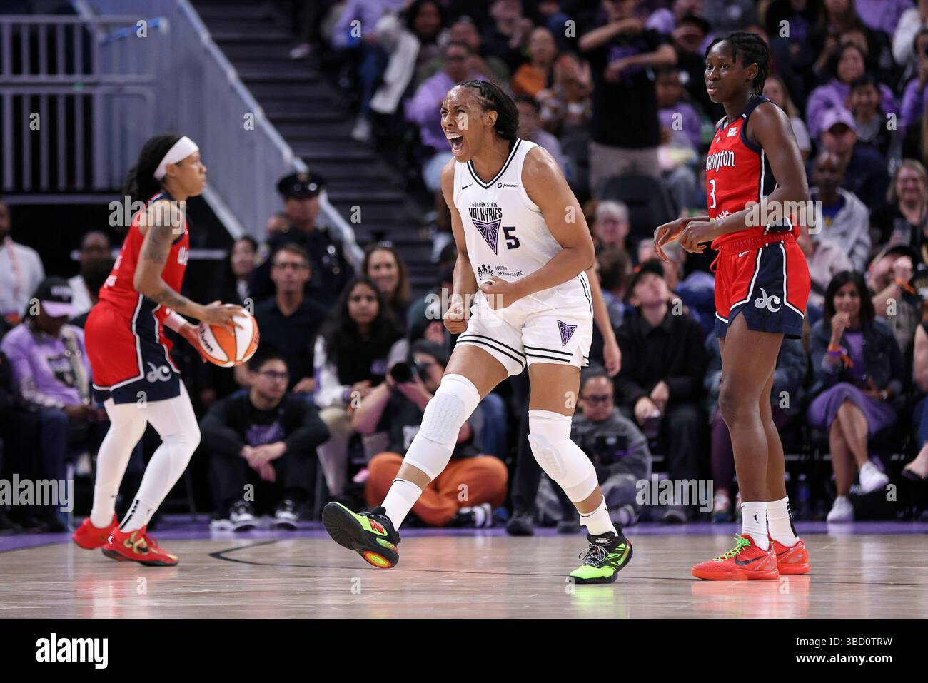 Golden State Valkyries' Kayla Thornton reacts to a defensive stop ...