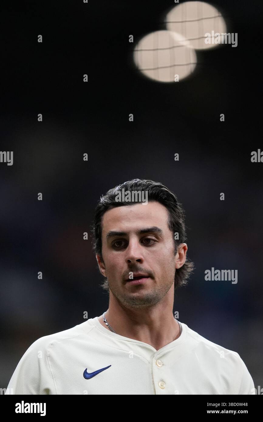 Milwaukee Brewers' Sal Frelick looks on during the seventh inning of a ...