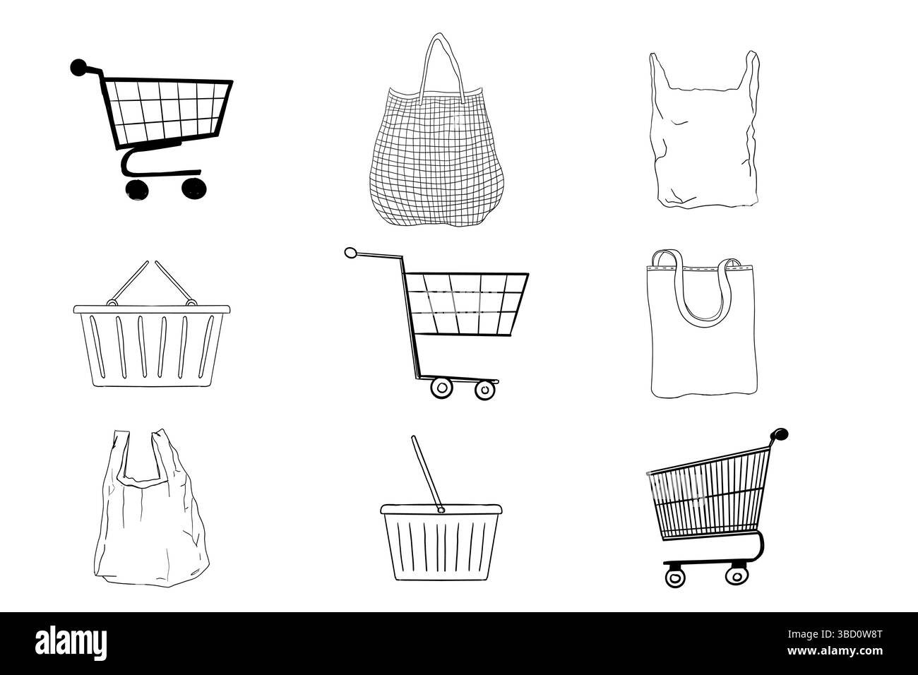 Shopping cart empty trolley doodle, supermarket basket, bag, net ...