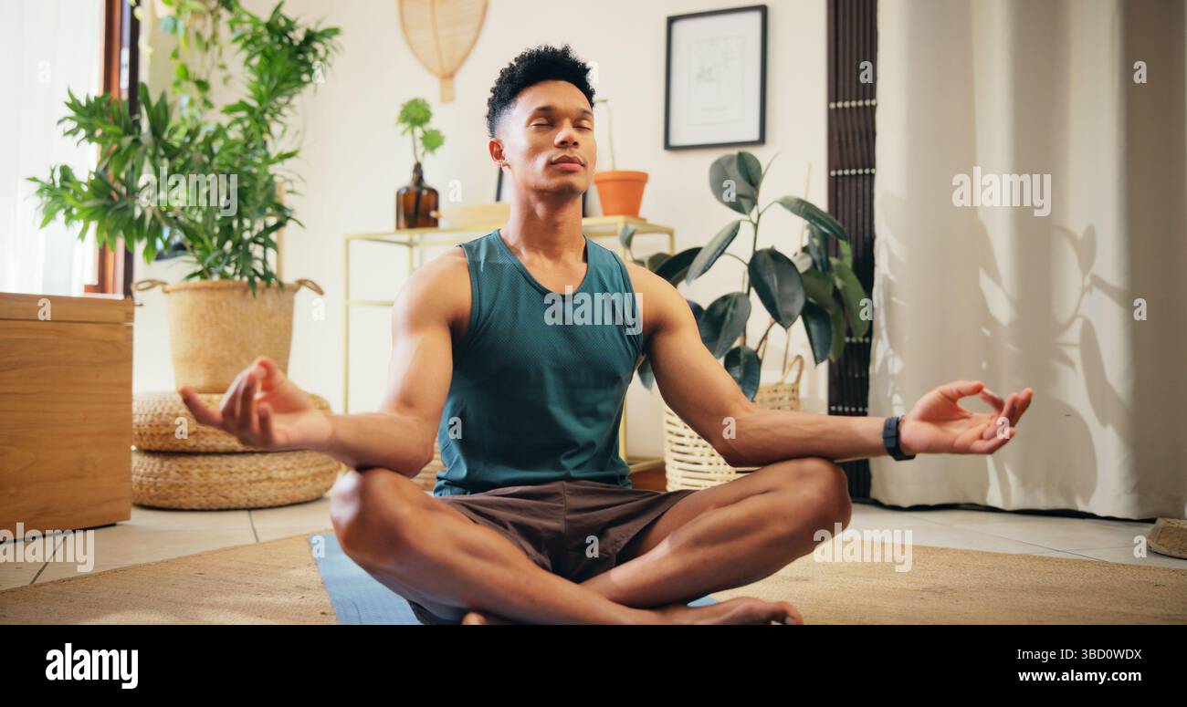 Man, lotus pose and yoga at house for meditation, zen balance and ...