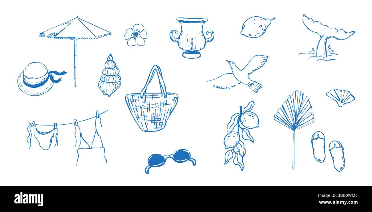 Summer seashore greek sea tourism, rest sketch drawing. Line hand drawn ...