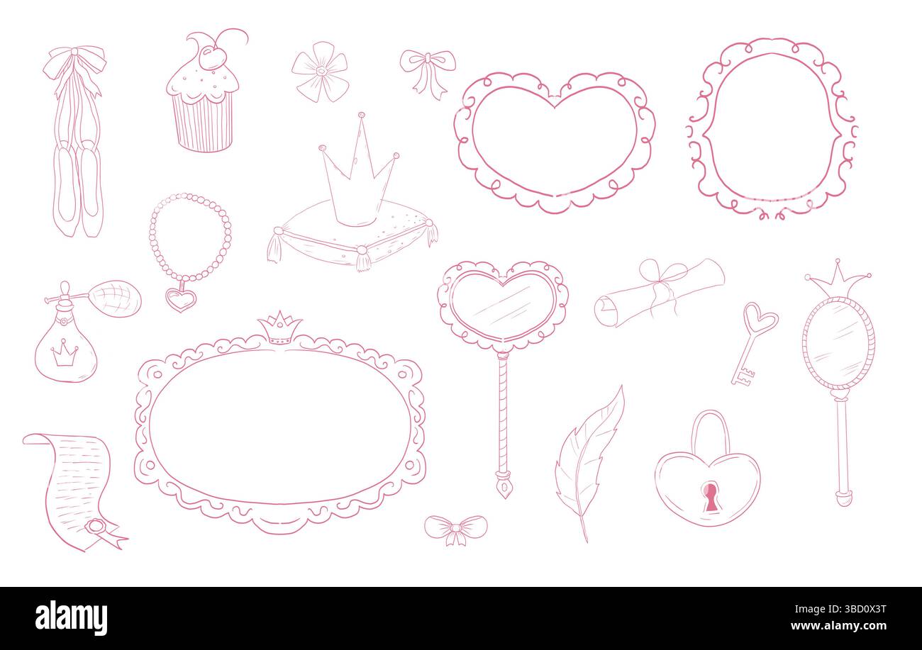 Princess set cute hand drawn sketch. Girl magic fairy mirror, pageant ...