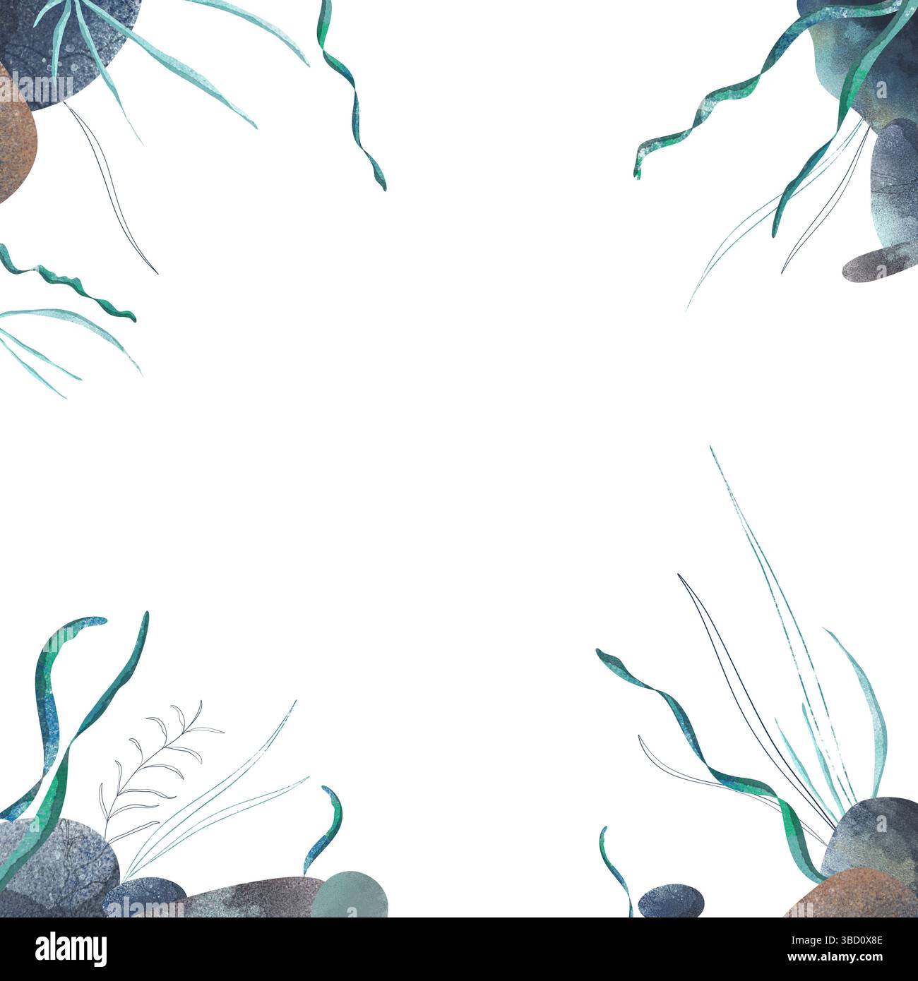 Watercolor seaweed and rocks border in a soft blue underwater scene ...