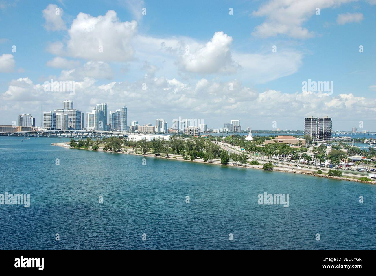 Sunny Miami skyline viewed from a cruise ship at the terminal, with ...