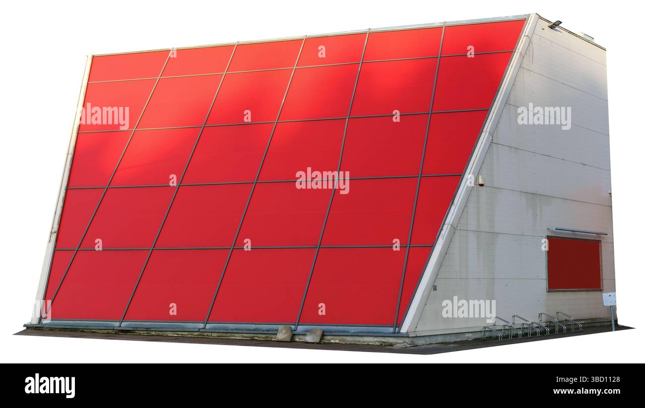 The wall of the big store is decorated with red plastic squares ...