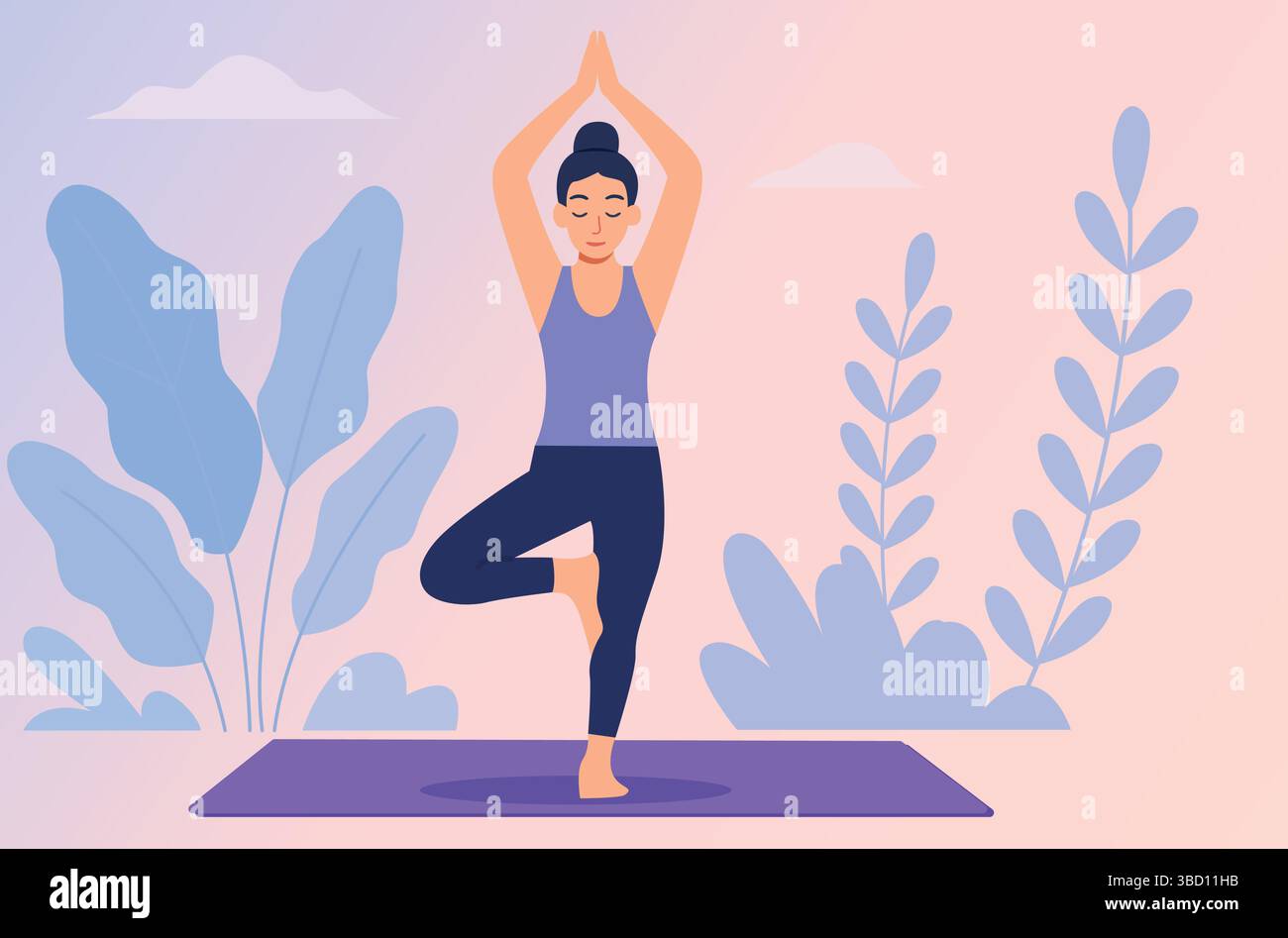 Yoga Tree Pose Illustration Woman in Vrikshasana Vector Art Balance and ...