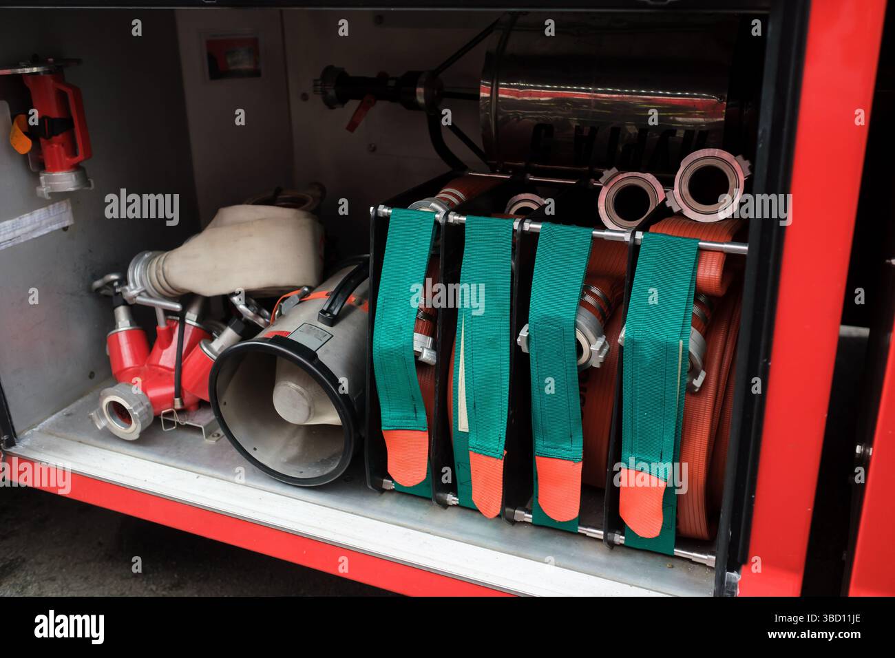 Detailed view of firefighting equipment in action during training ...