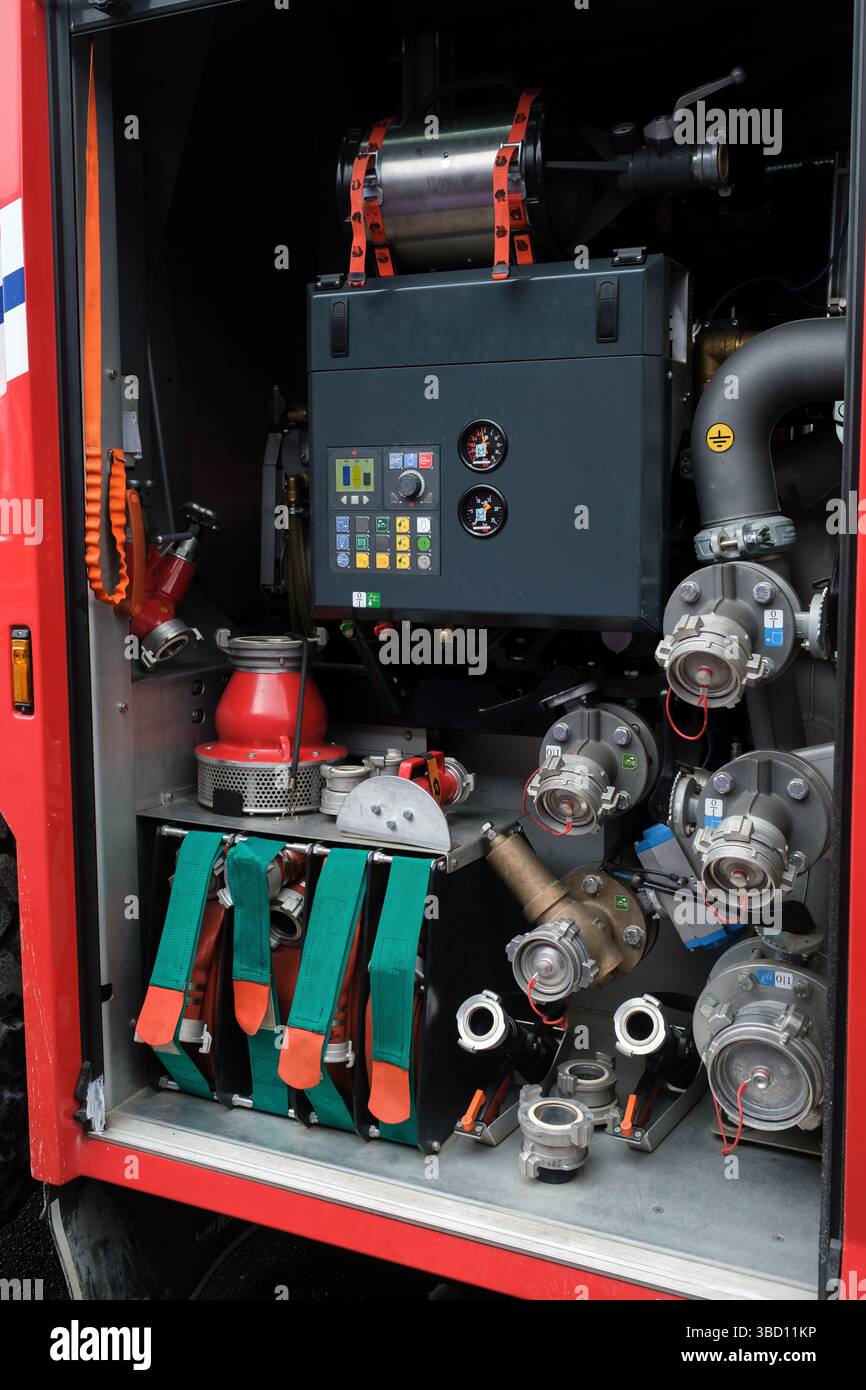 Fire truck equipment compartment showcasing tools and machinery for ...