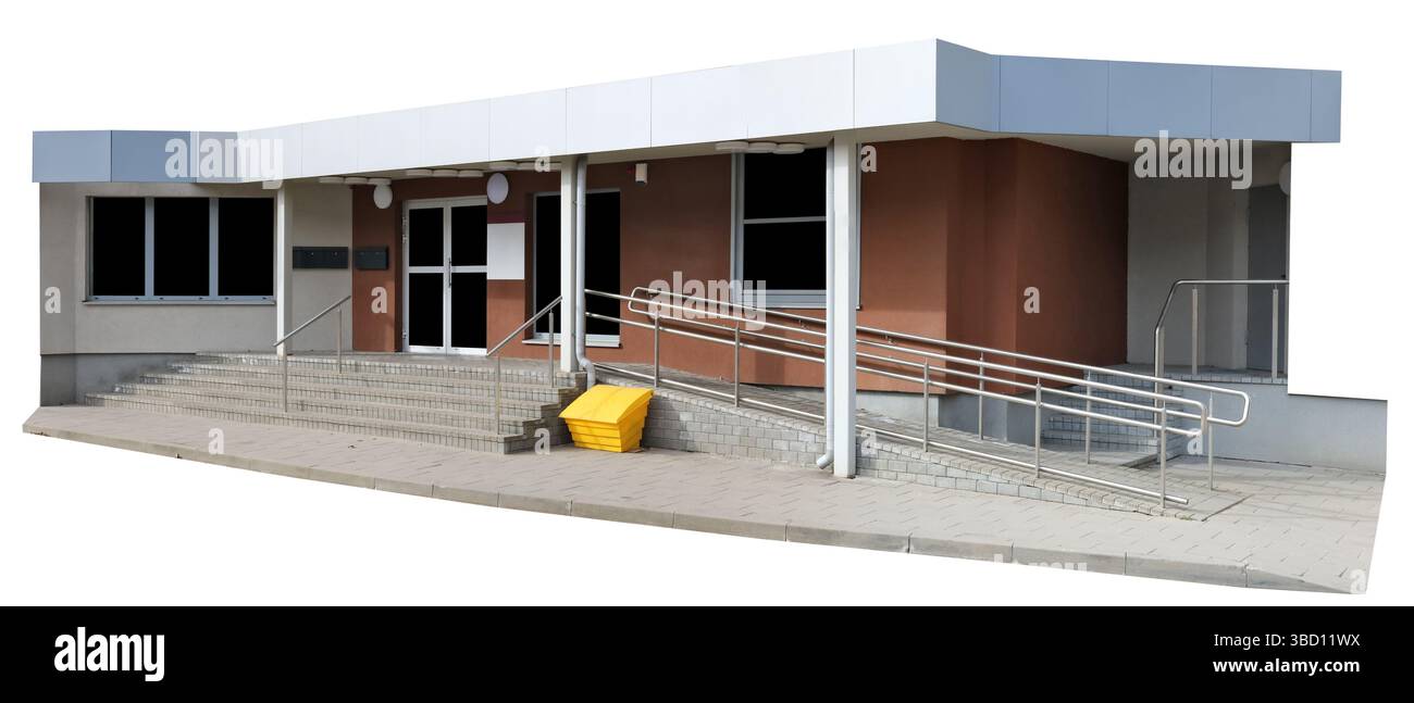 The central entrance to a modern administrative building with a ramp ...