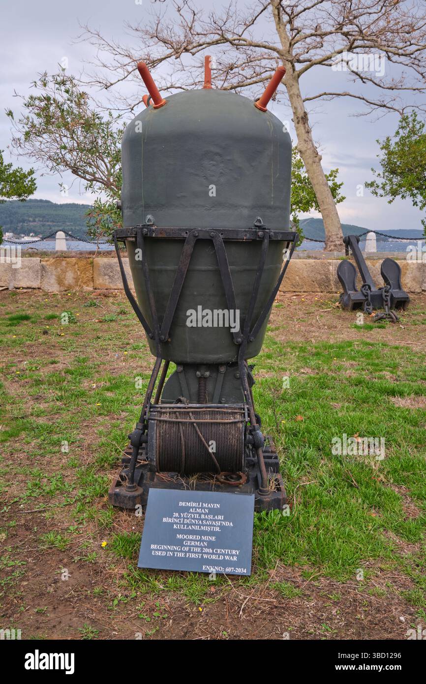 A display of a typical German moored mine, used at sea, in harbors ...