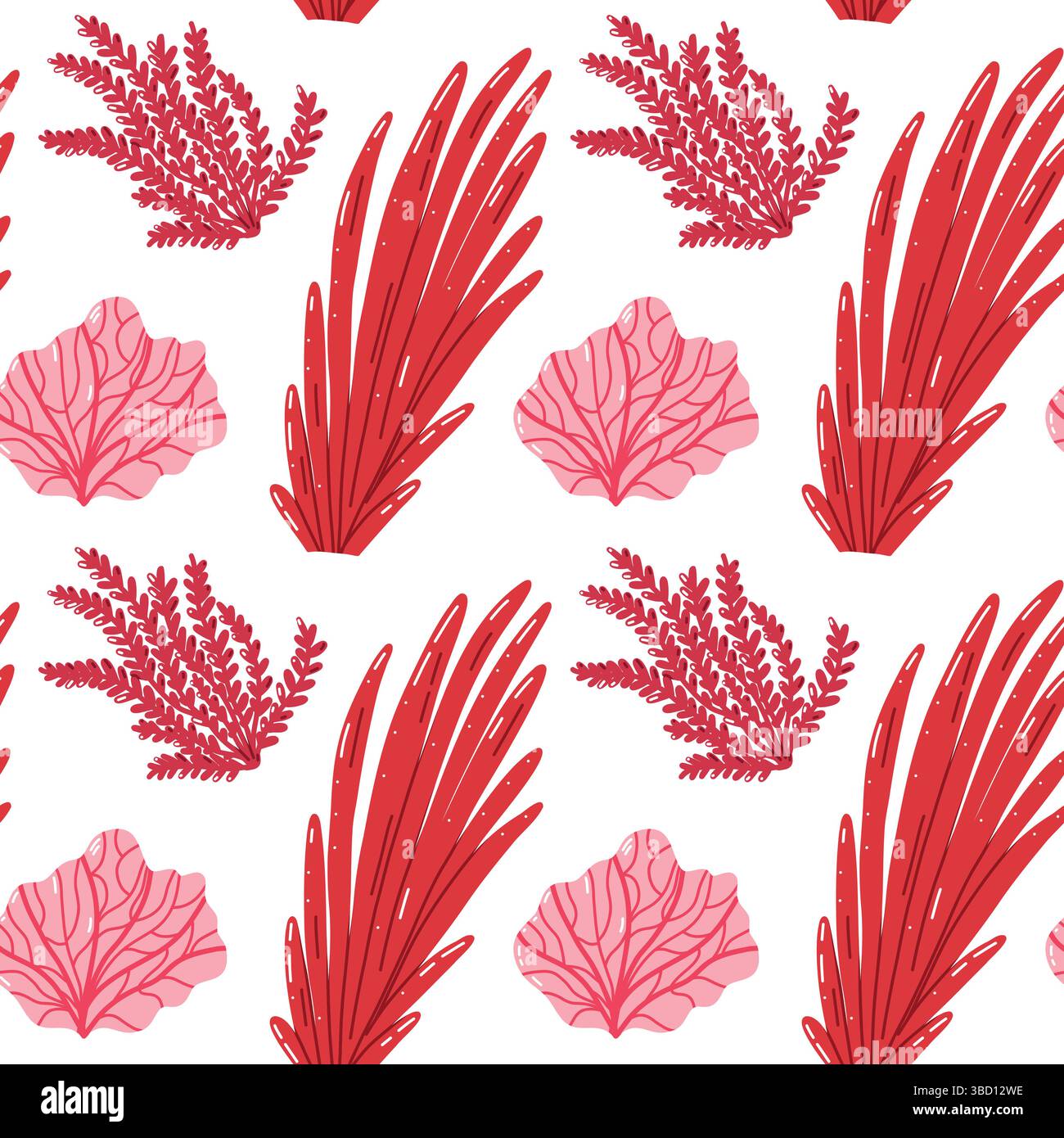 A seamless pattern with red seaweed and pink coral illustrations on a ...
