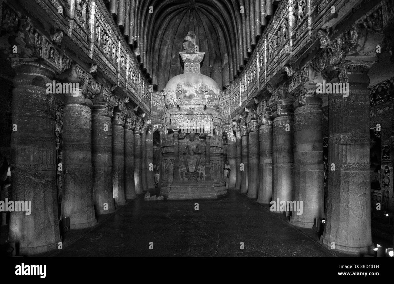 Black and white photo of Interior of Ajanta chaitya hall Cave 26 state ...