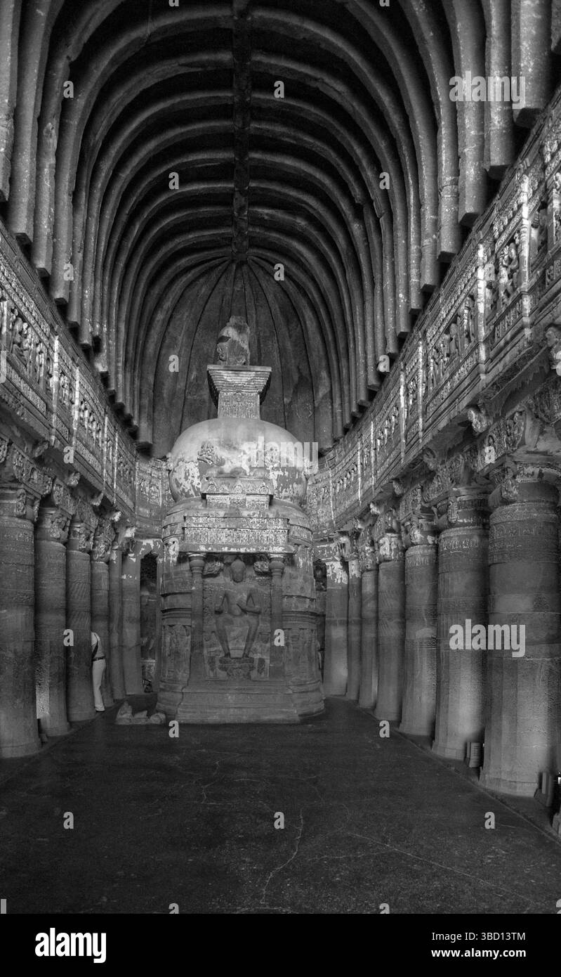 Black and white photo of Interior of Ajanta chaitya hall Cave 26 state ...