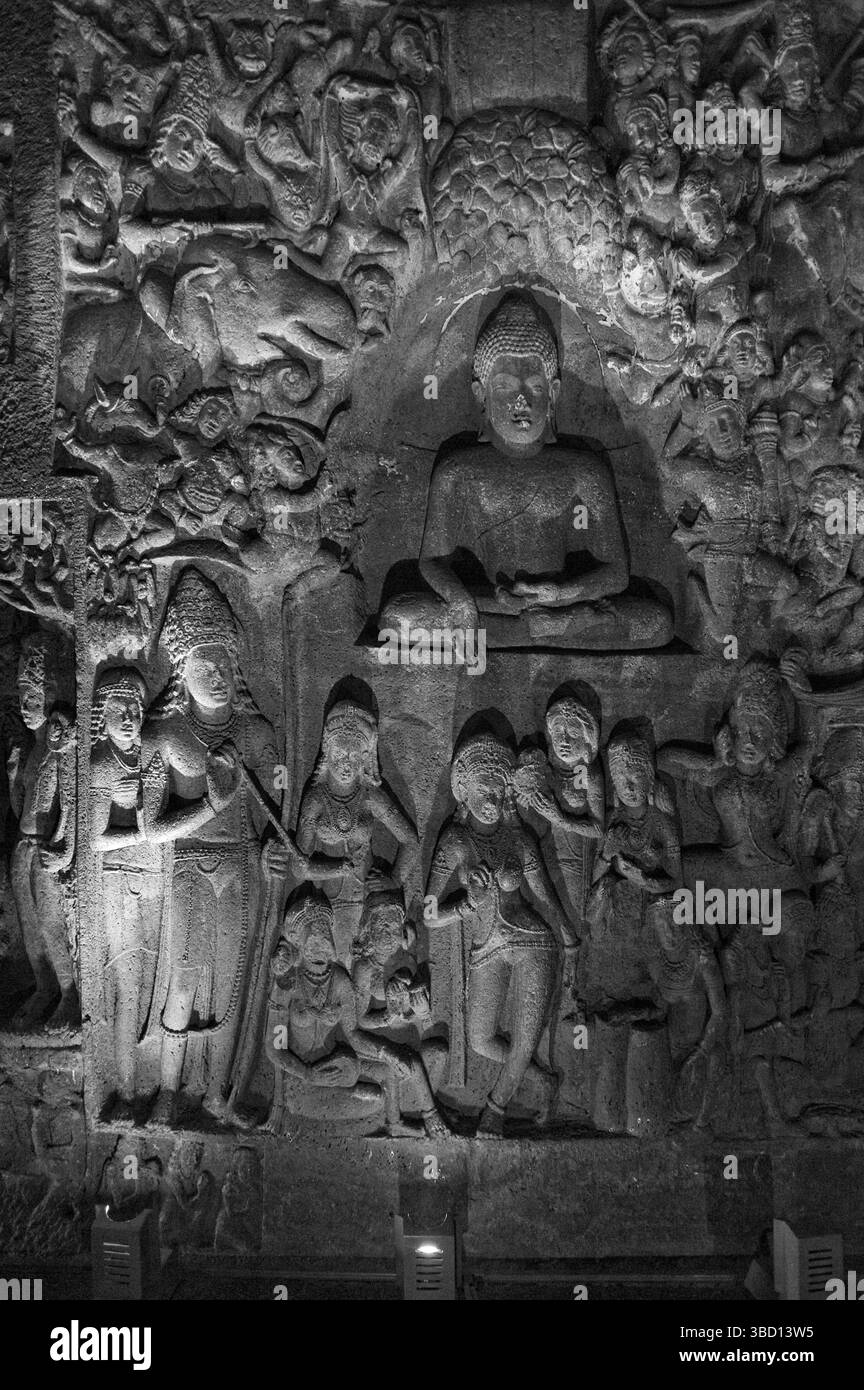 Black and white photo of Temptation of the Buddha relief carving on the ...