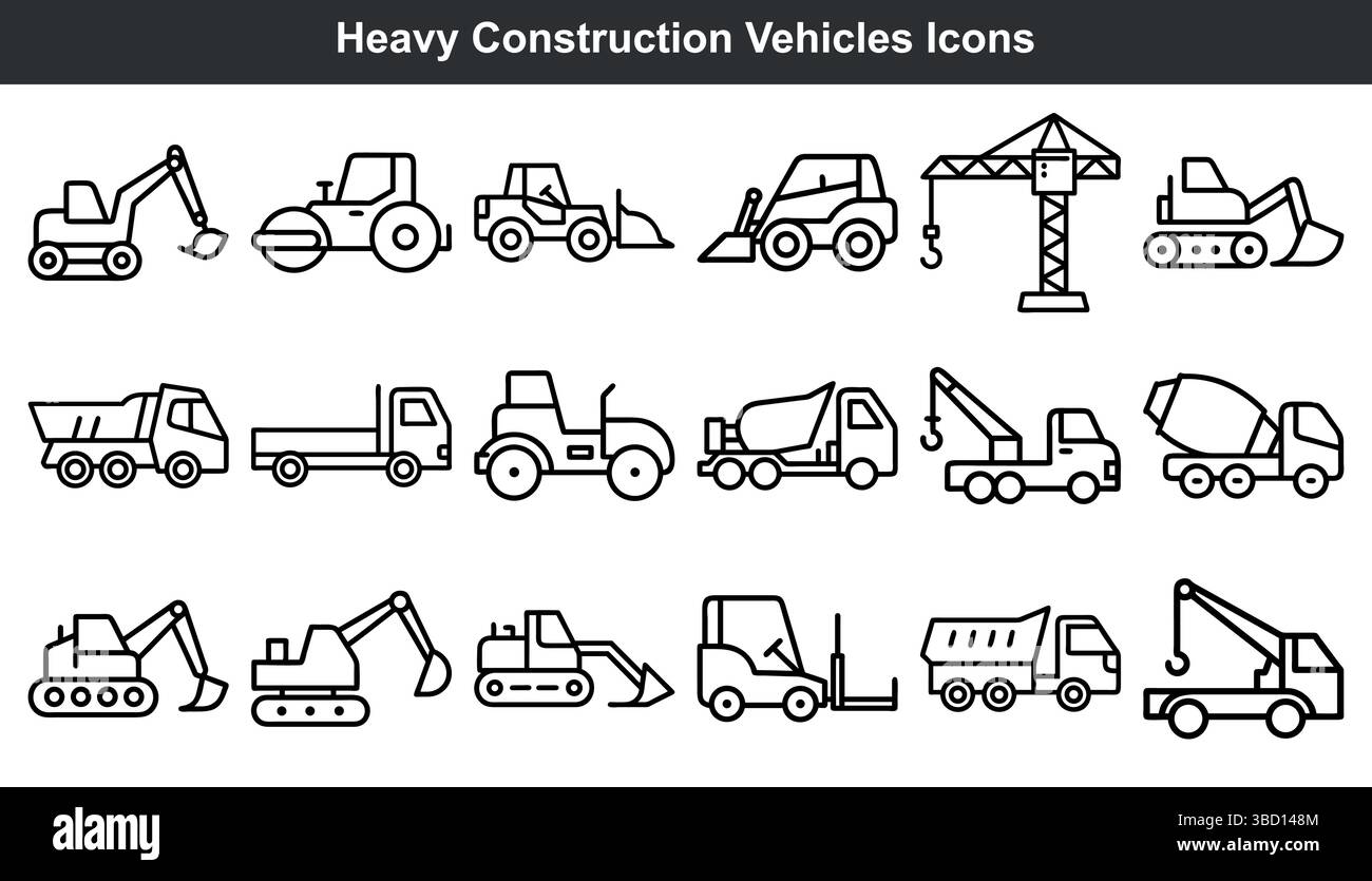 Heavy Construction Vehicles & Machinery Line Icons Stock Vector Image ...