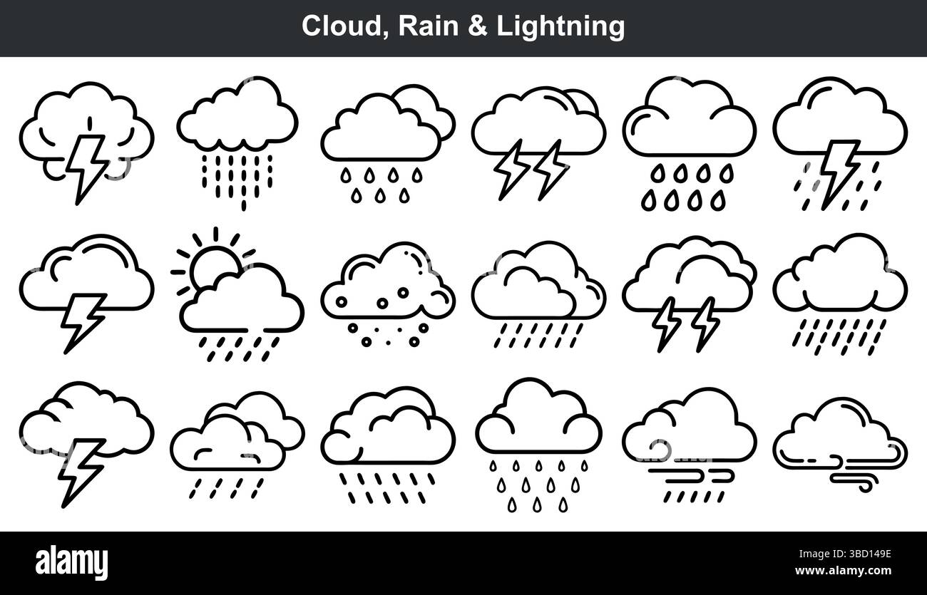 Weather Icon Line Art: Clouds, Rain, Lightning & Sun Stock Vector Image ...