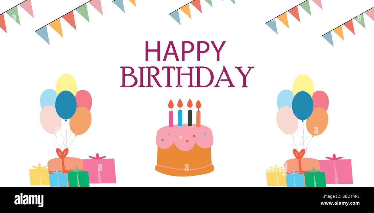 Birthday Banner with Balloons, Cake, Gifts and Bunting Stock Vector ...