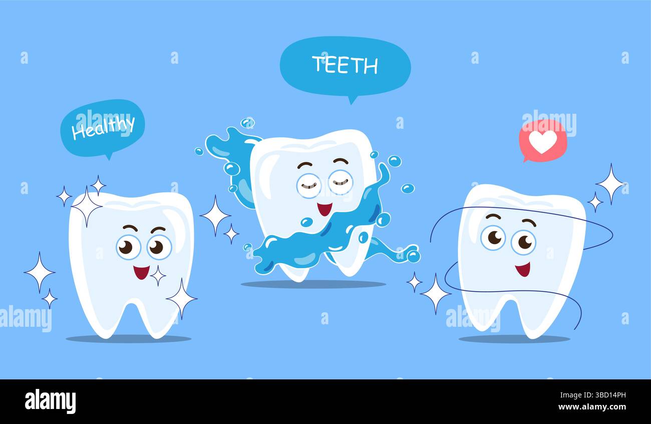 Healthy teeth cartoon characters . Isolated on blue background . Vector ...