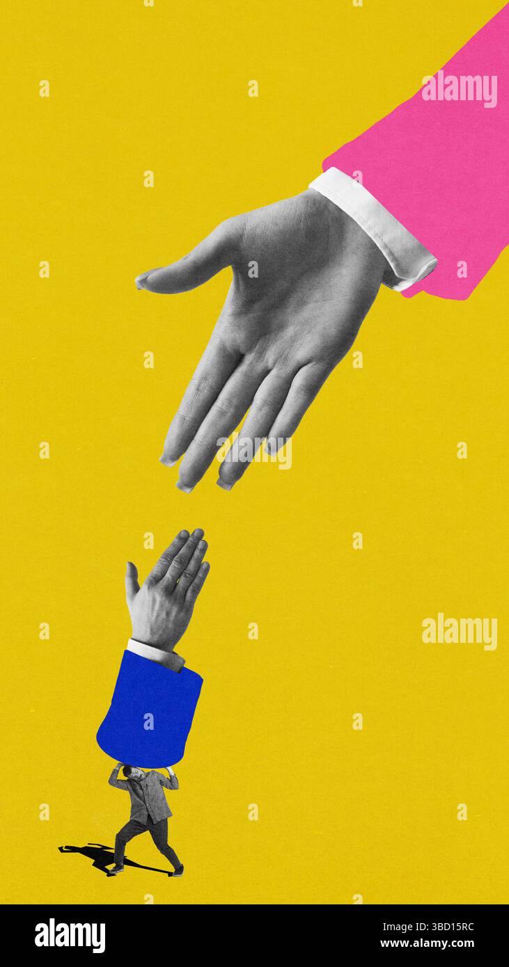Graphic collage. Businessman lifting hand towards giant handshake as ...