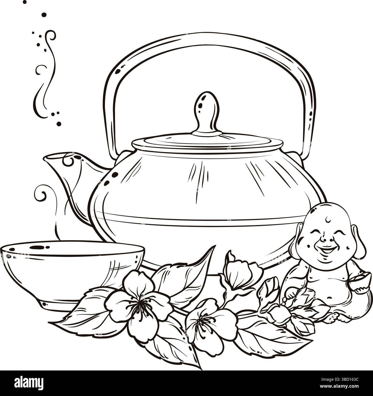 Cup of Jasmine Tea and Teapot Outline Illustration Stock Vector Image ...