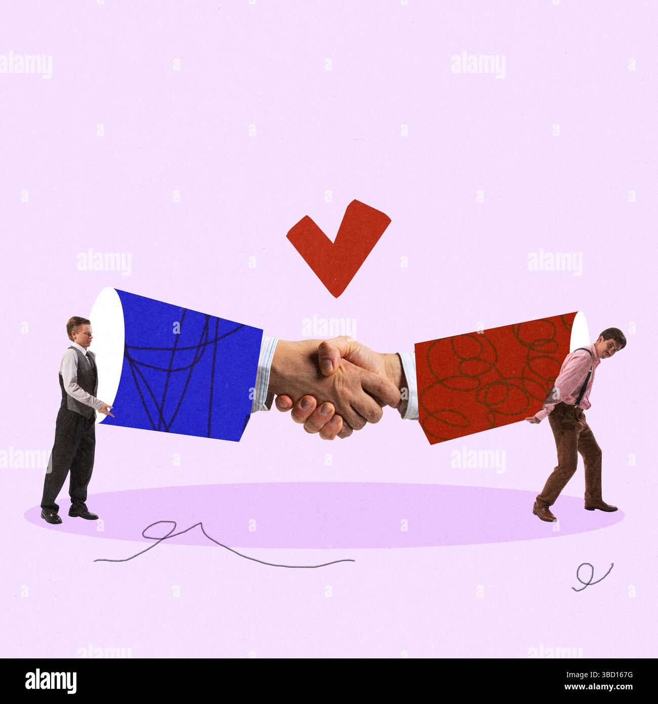 Creative digital collage. Two businessmen push large ands forming ...