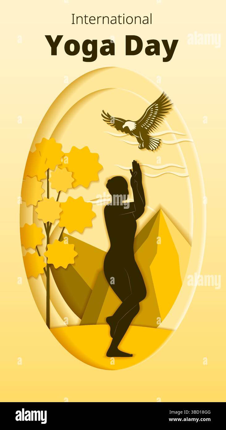 International Yoga Day. Vertical template. Garudasana pose. Eagle pose ...