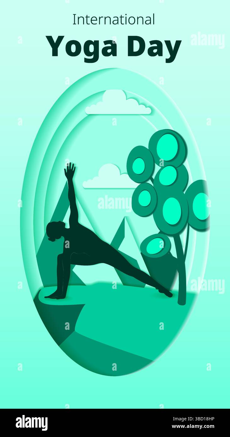 International Yoga Day. Vertical template. Parshvakonasana pose. Side ...