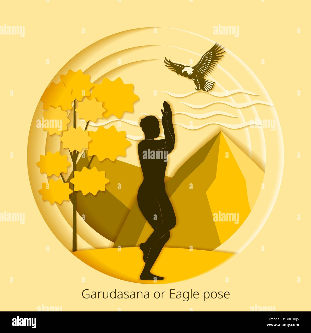 International Yoga Day. Garudasana pose. Eagle pose. Paper cut design ...