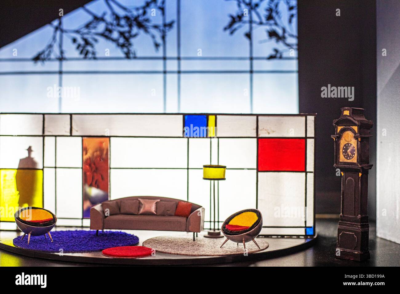 interior with stained glass partitions and silhouette of a person Stock ...