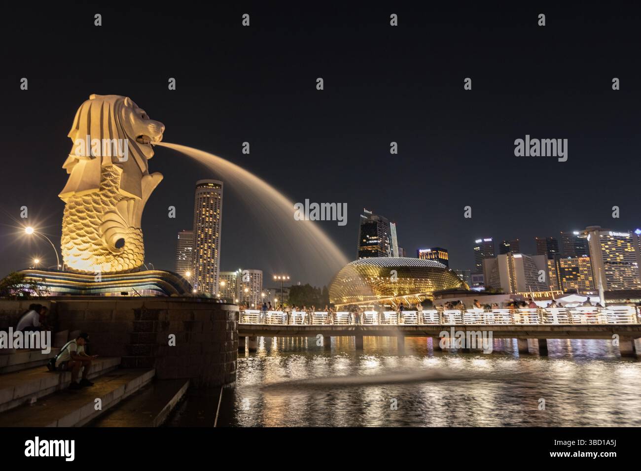 Merlion symbol of Singapore fountain at night Stock Photo - Alamy