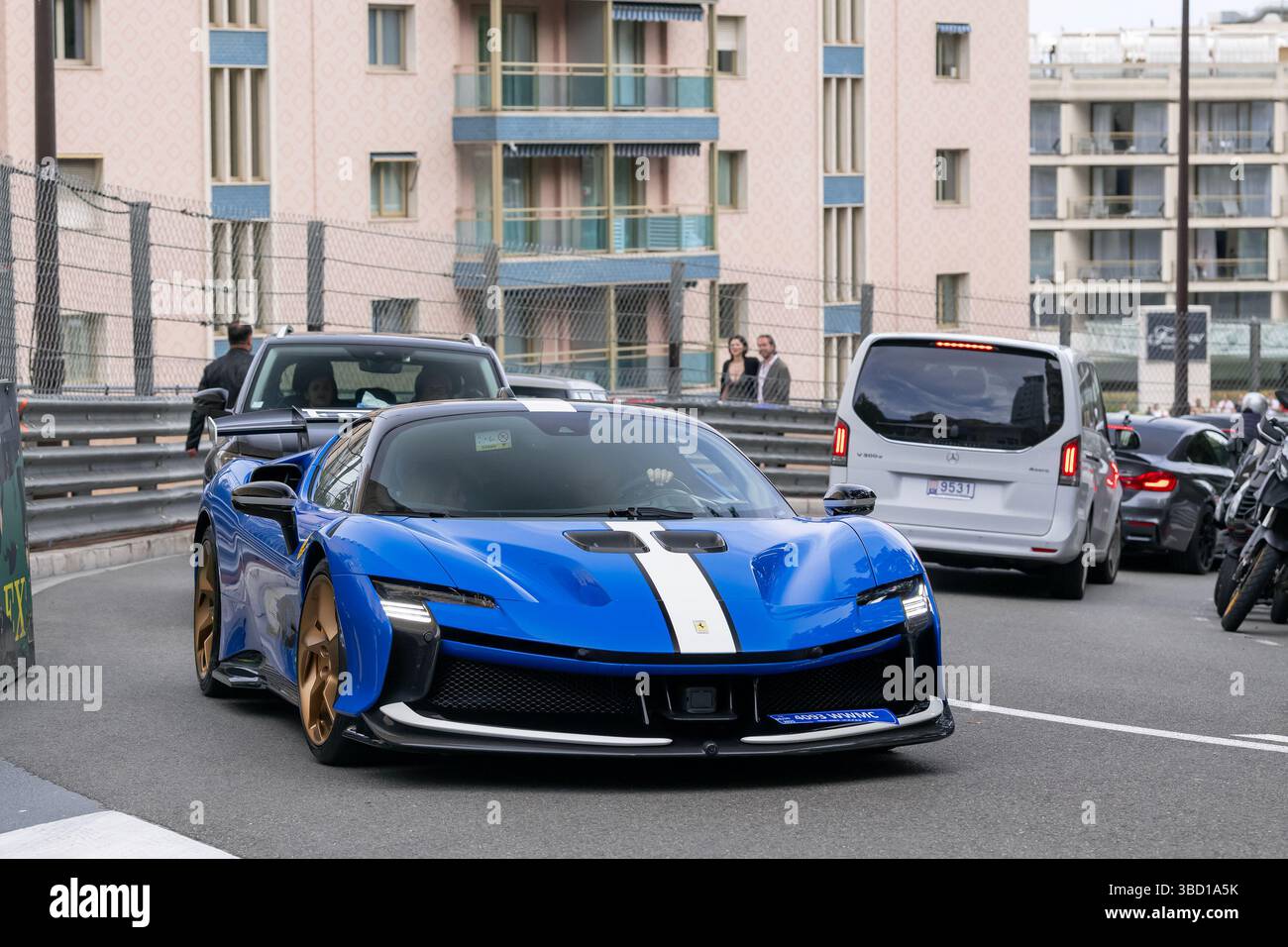Monte Carlo, Monaco - View on a blue Ferrari SF90 XX Stradale driving ...