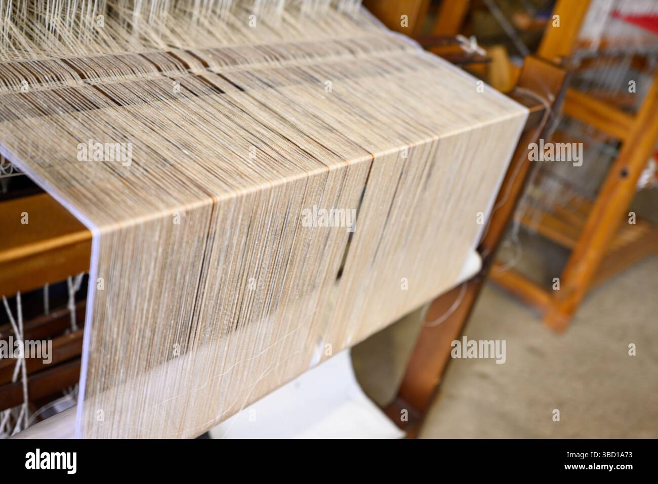 partial view of an old traditional silk weaving loom. Galicia, Spain ...