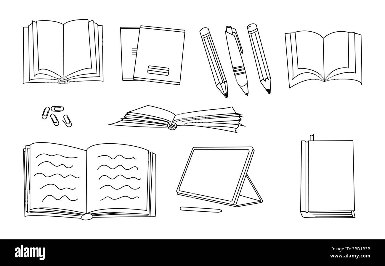 A set of outline stationery objects illustrations. Books, copy books ...