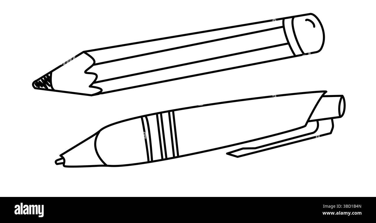 A pen and a pencil outline illustration. A drawing sketch of a pen and ...