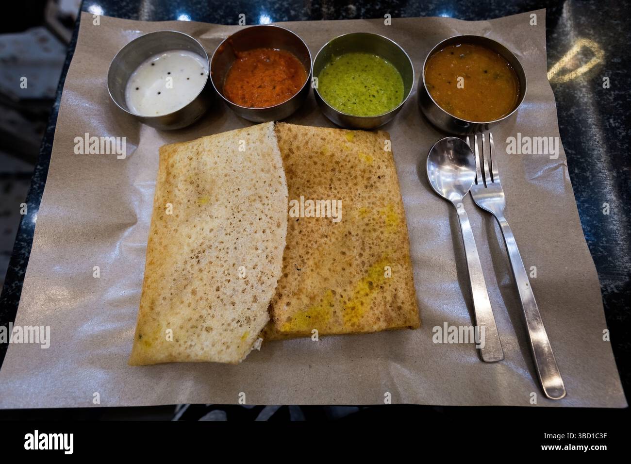 Masala Dosa traditional South Indian dish with four different types of ...