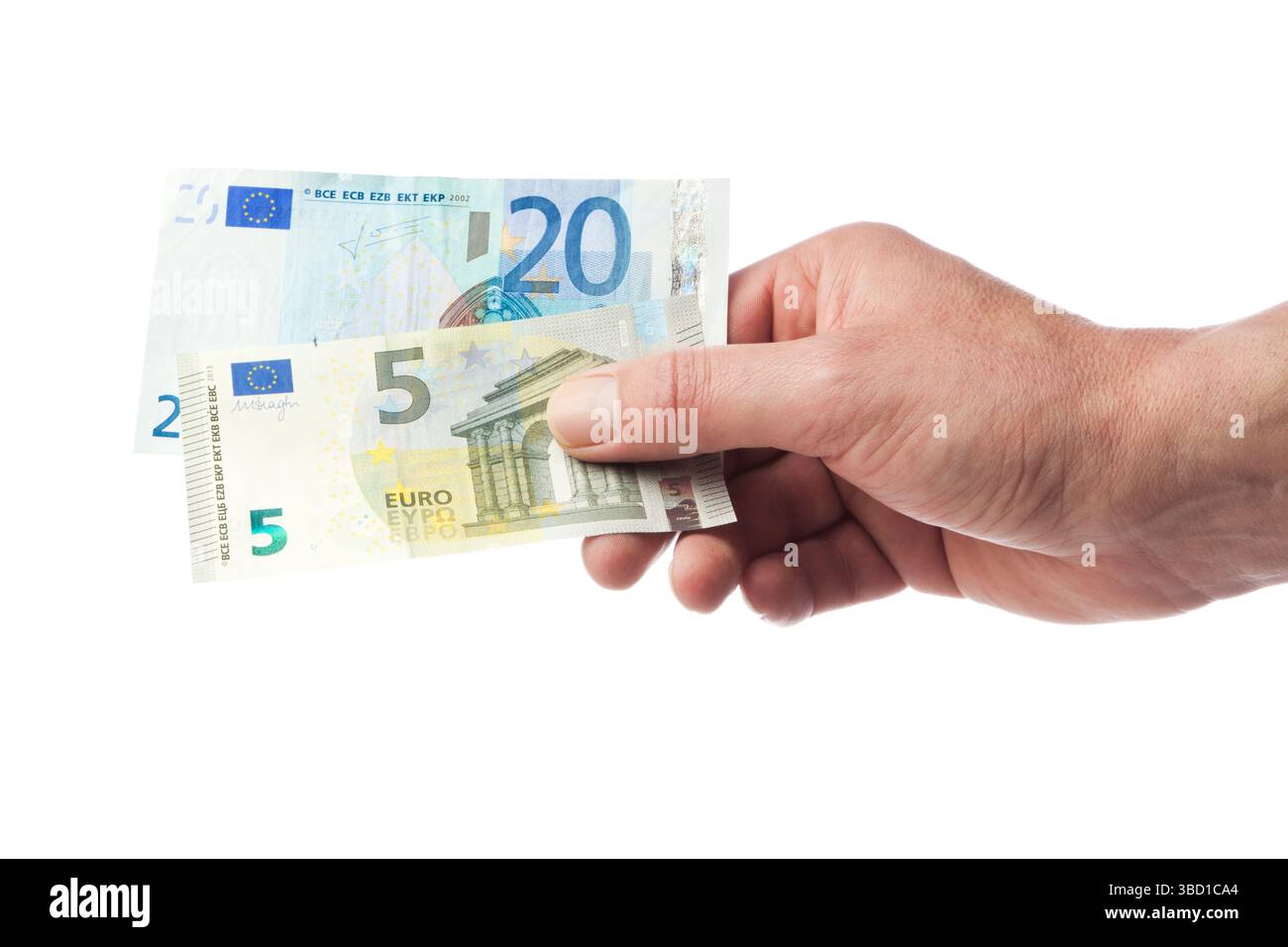 Male hand holding 5 and 20 Euro bill isolated on white Stock Photo - Alamy